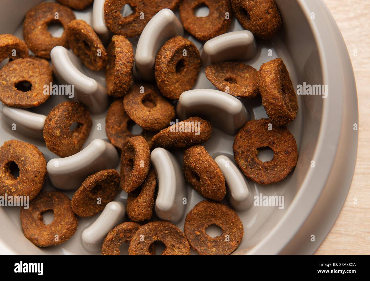 Dry dog food sitting in a slow feeder bowl which helps prevent gulping ...