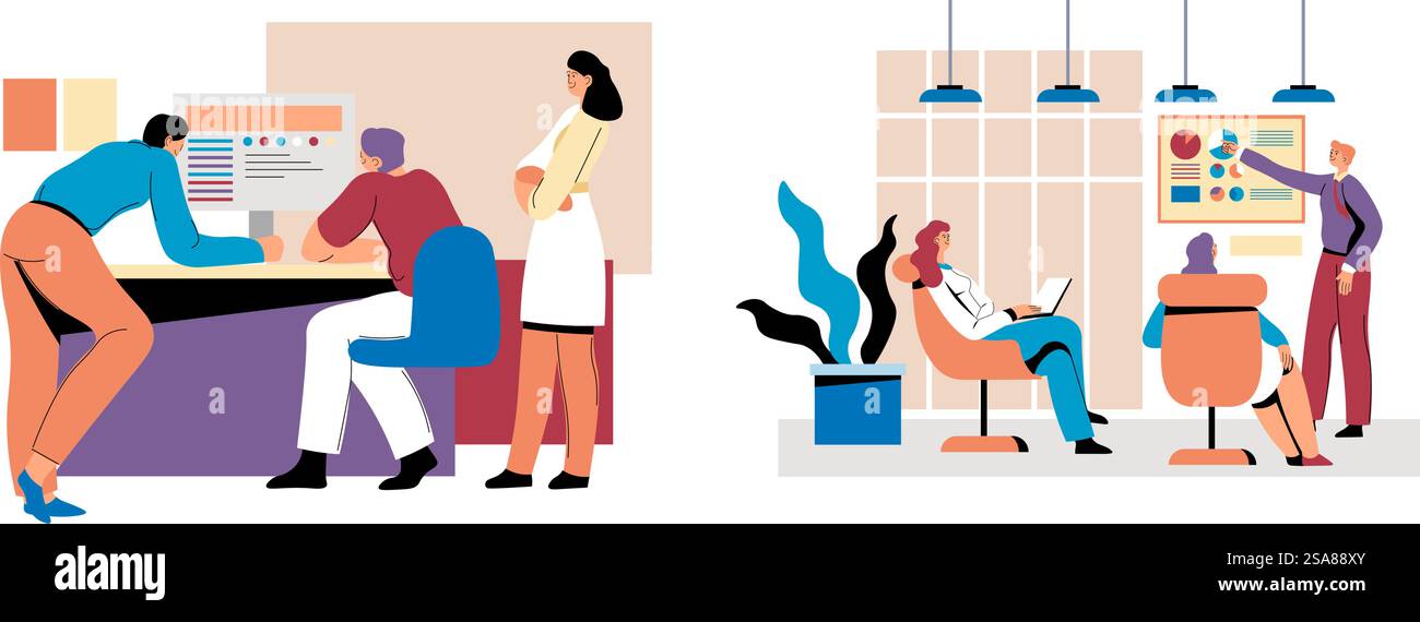 Illustration of a design team brainstorming ideas with charts and presentations, vibrant cartoon ...