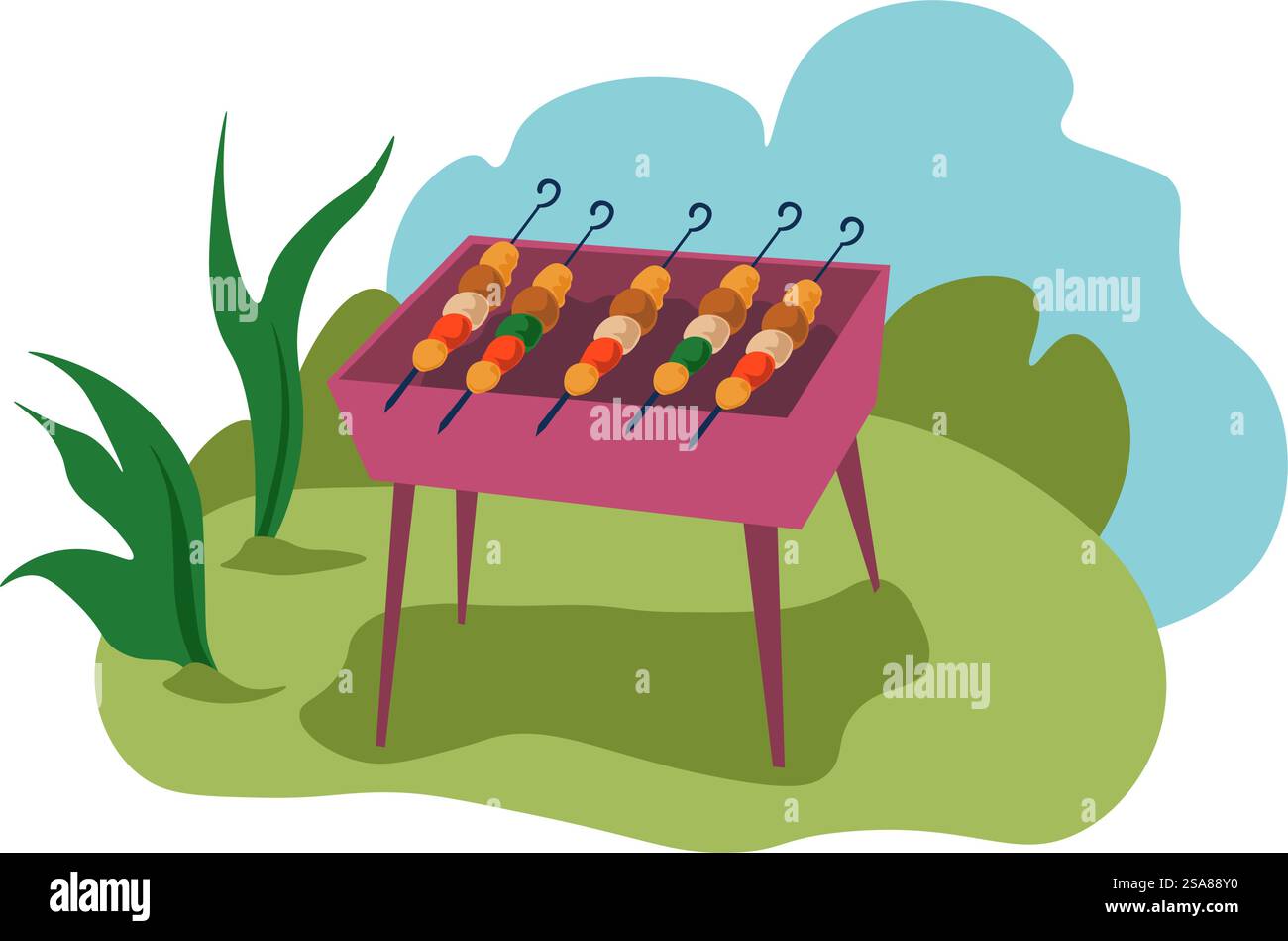 Illustration of a pink grill with skewers, featuring meat and ...