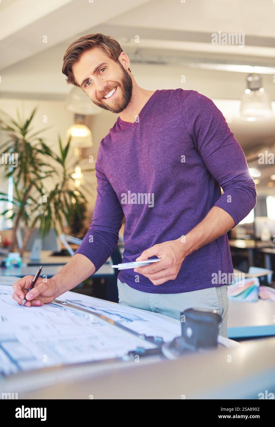 Happy man, portrait and interior designer with blueprint for planning ...