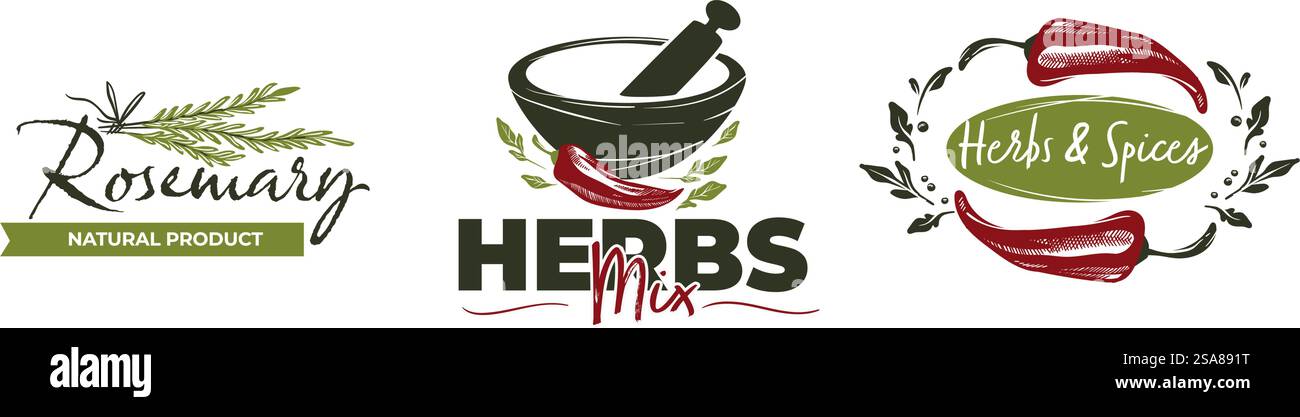 Vector set of logos featuring herbs and spices with text. Isolated on ...