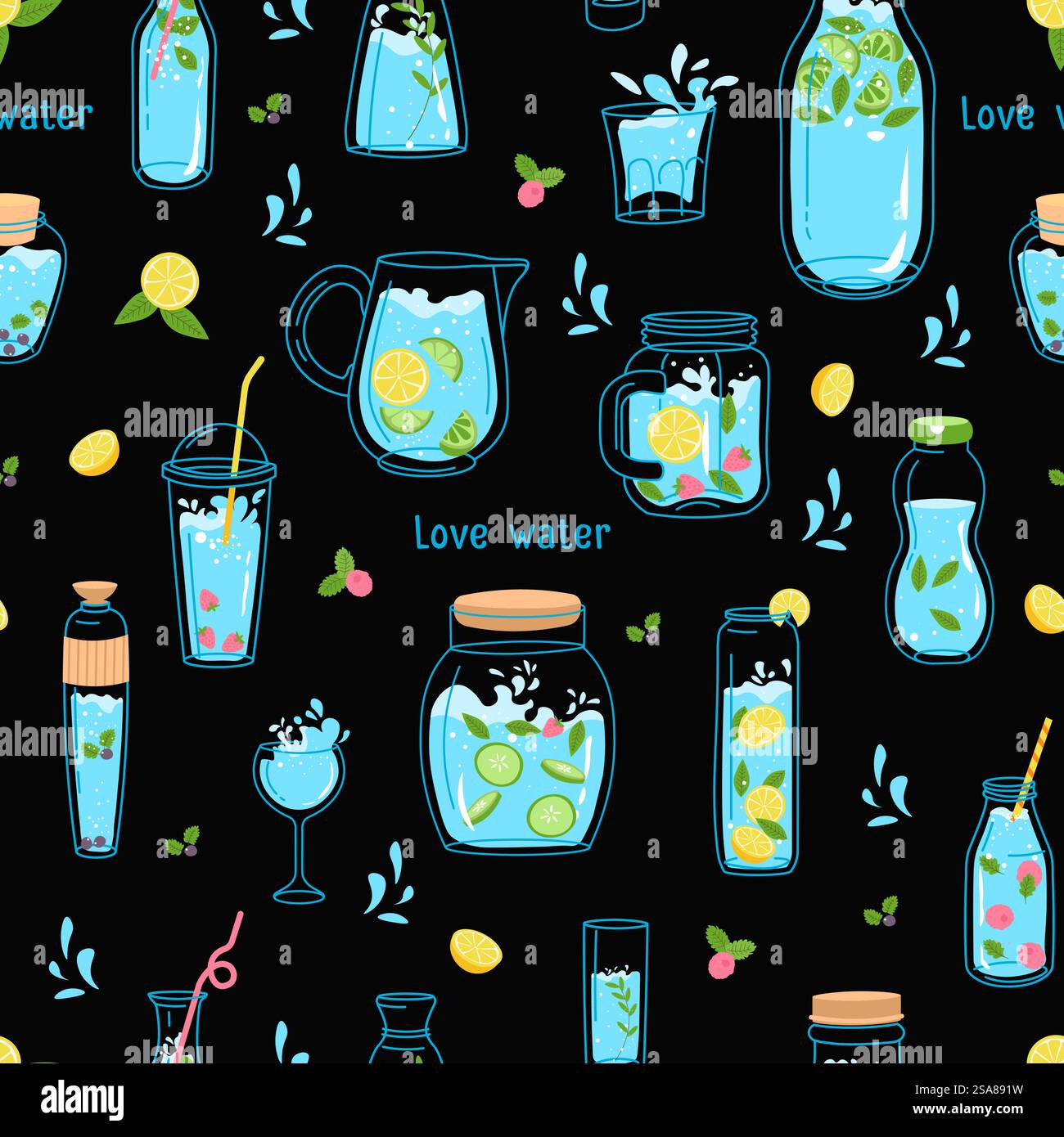Seamless pattern of various refreshing water drinks with fruits and ...