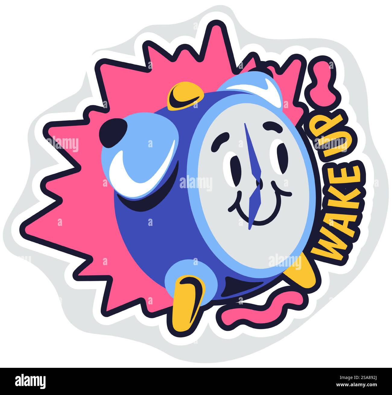 Illustration of a cartoon alarm clock with Wake Up text in a vibrant ...