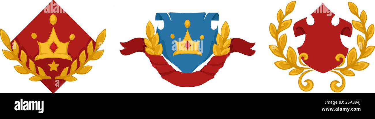 Royal emblem badges with crowns and laurel wreaths in a heraldic style ...