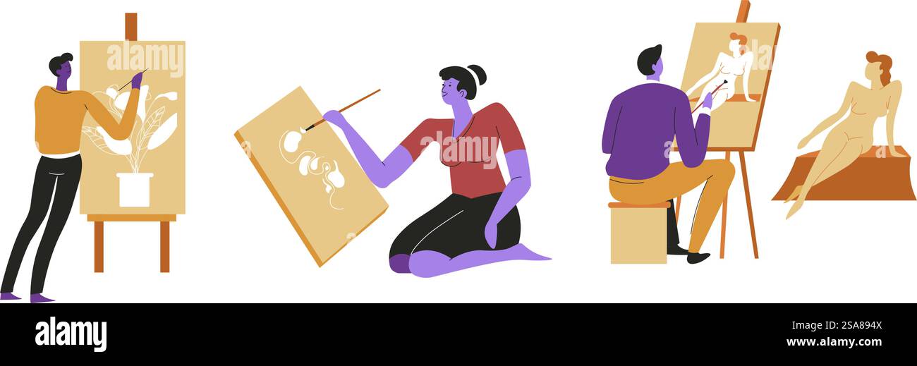 Vibrant vector illustration of diverse artists painting on canvases in ...
