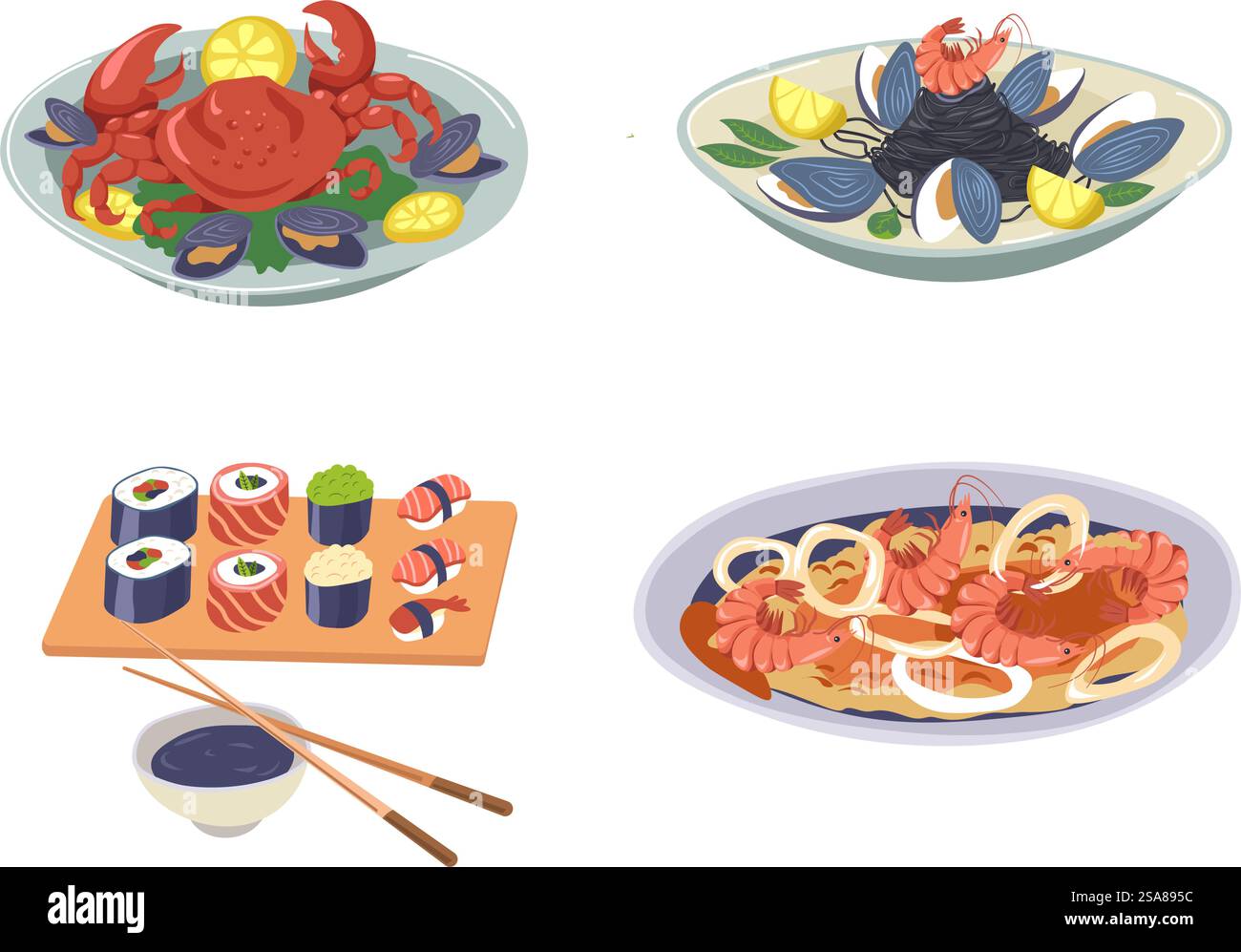 Vector illustration of various seafood dishes, including fish, shrimp ...