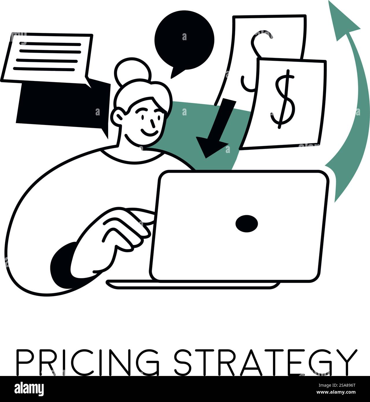 Vector illustration of a woman working on pricing strategy, isolated on ...