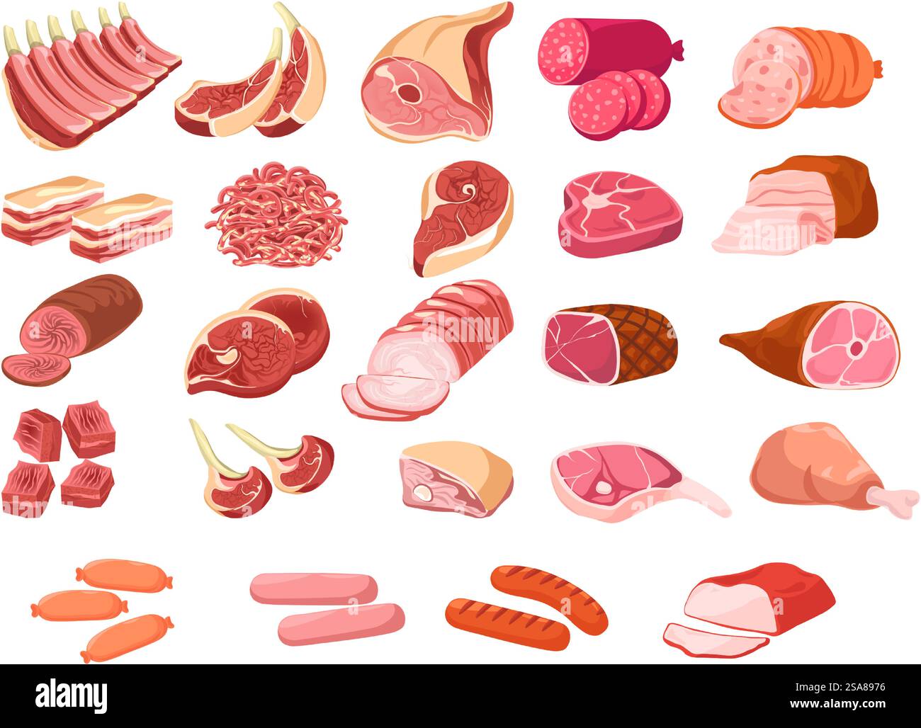 Illustration of assorted meat cuts displayed, in a colorful, modern ...