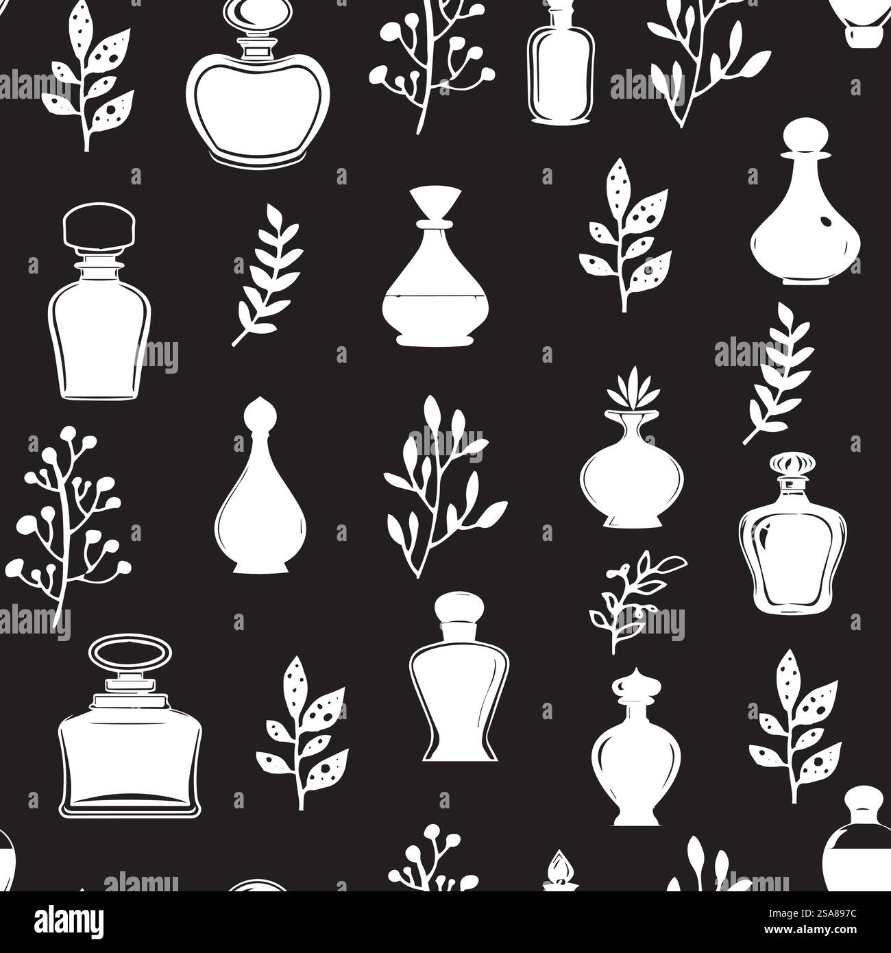 Seamless pattern of perfume bottles and leaves, vector illustration ...