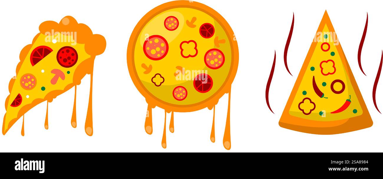 Vector illustration of three different pizza designs, including a slice ...