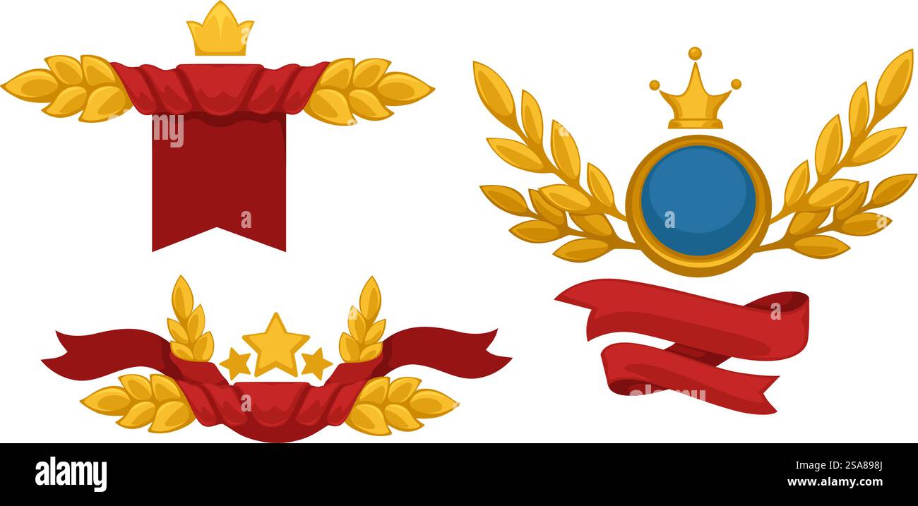 Royal emblem badges with crowns and laurel wreaths in a heraldic style ...
