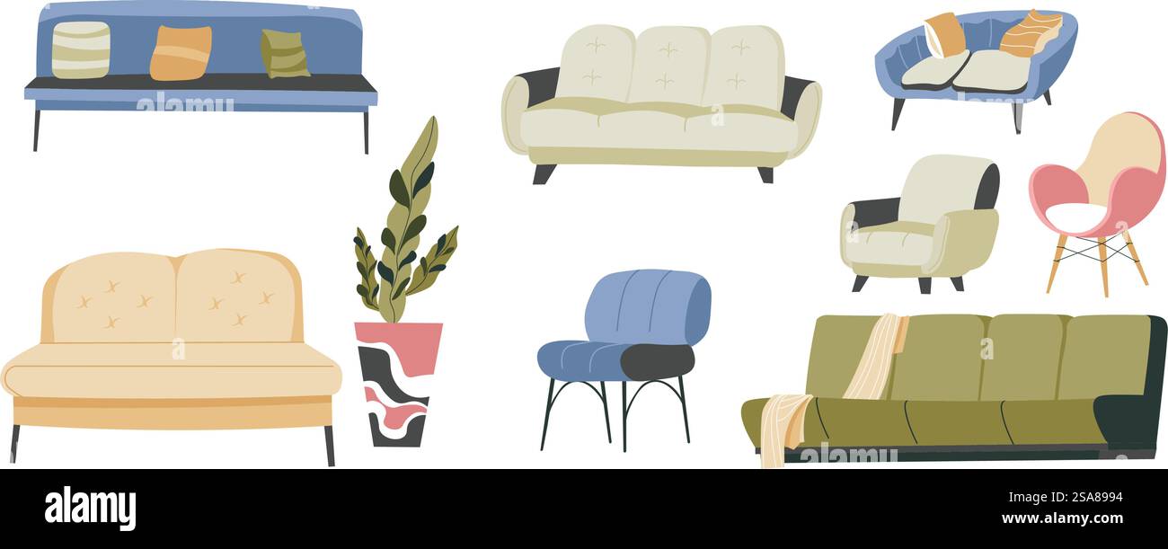 Flat style vector showcasing various sofa and chair models for interior ...