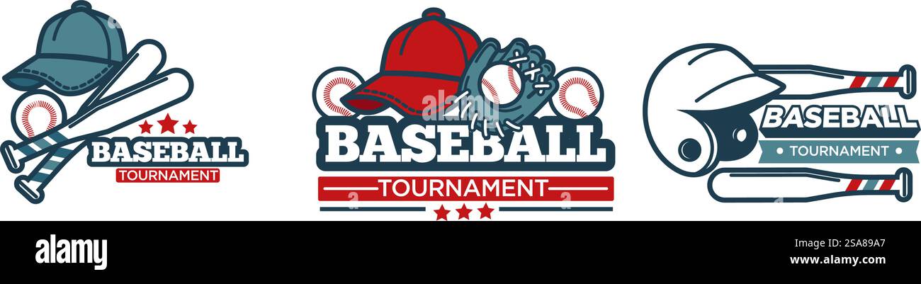 Emblem design with baseball equipment including bats, balls, and a cap ...