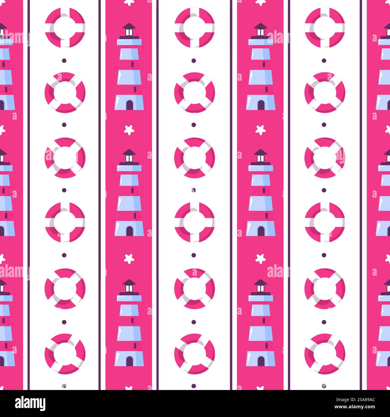 Seamless pattern with nautical lighthouses and lifebuoys, designed in a ...