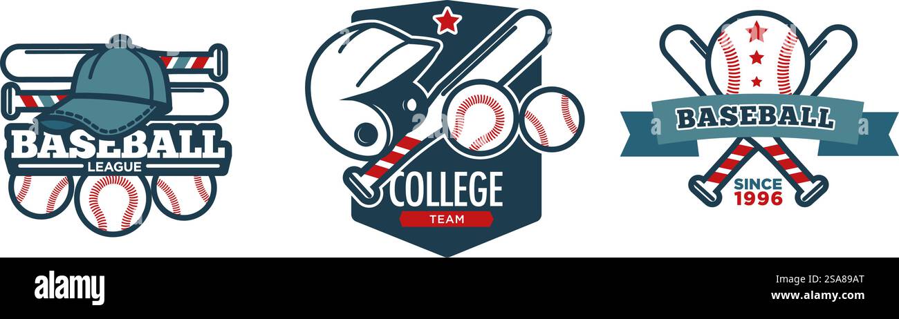 Emblem design with baseball equipment including bats, balls, and a cap ...