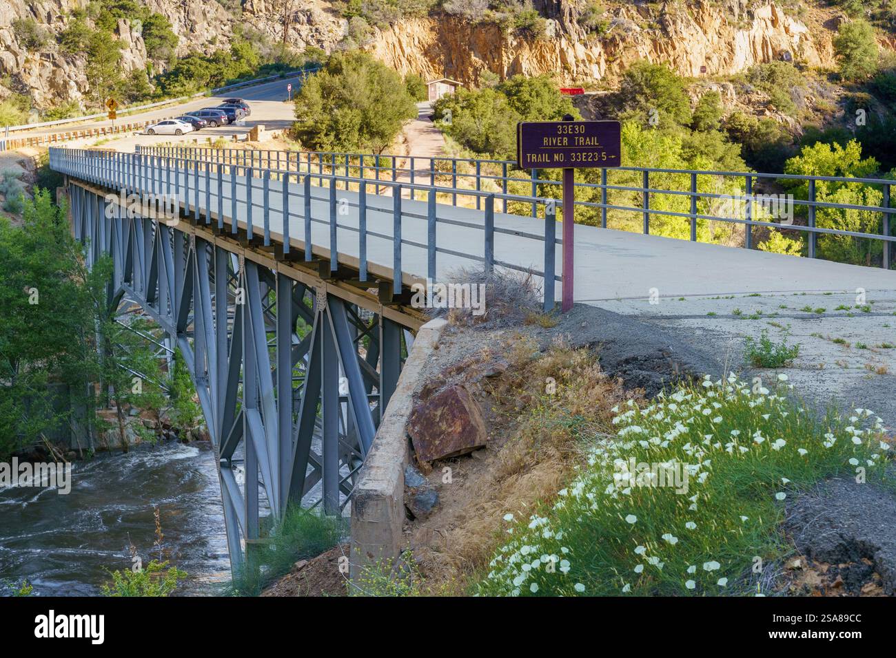 Johnsondale Bridge and 33E30 River Trail Sign over Kern River in Camp ...