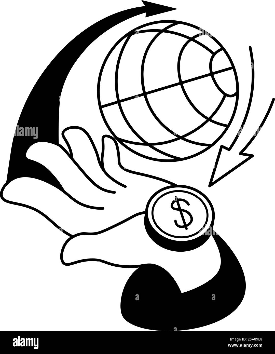 Vector illustration of a hand with a globe and a coin, representing ...