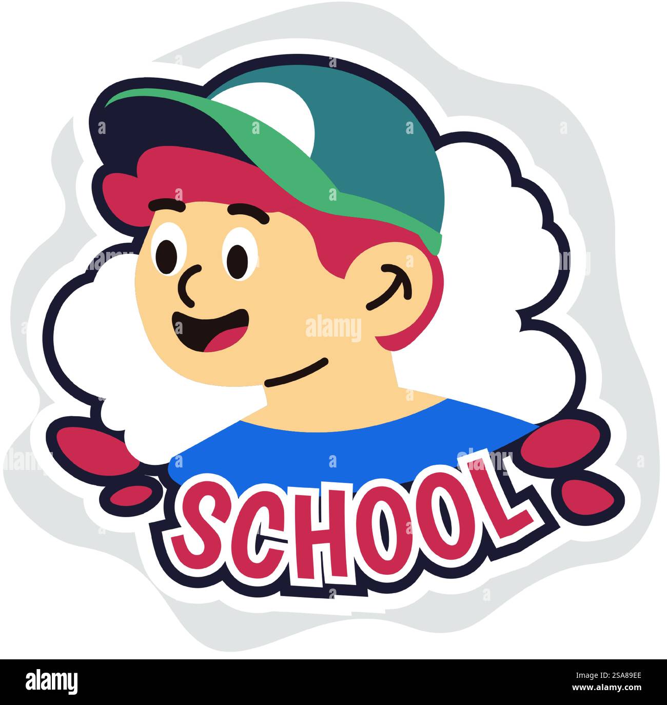 Cartoon illustration of a boy with a cap and School" text in a vector ...