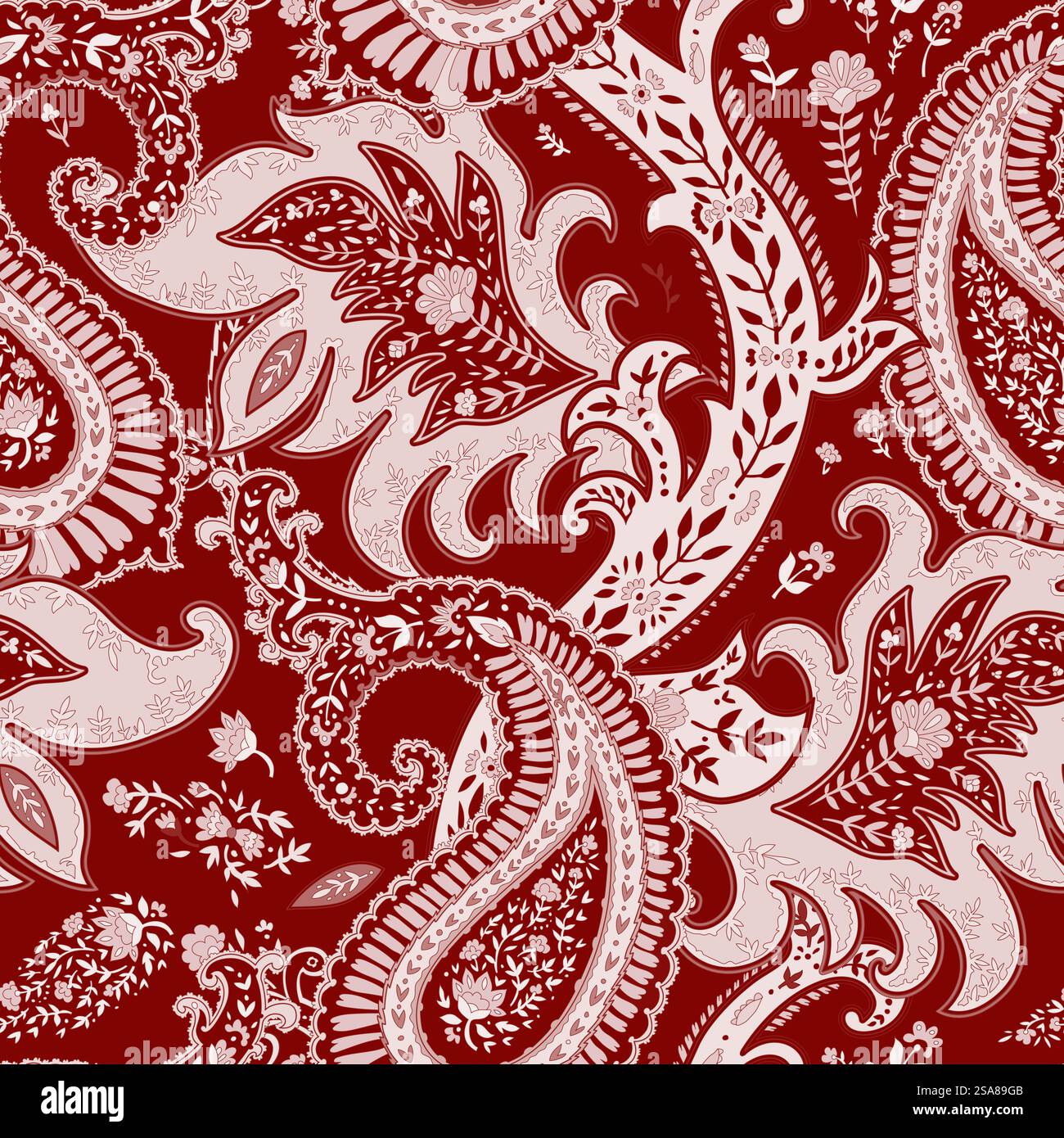 Detailed red paisley design with elaborate floral elements, seamlessly ...