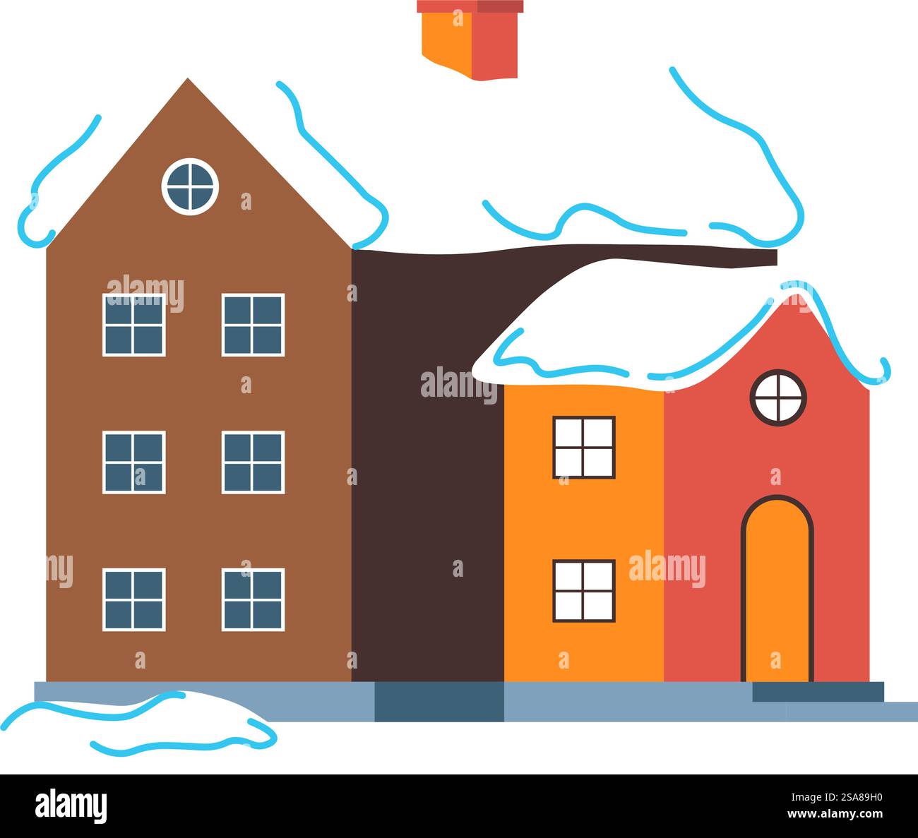 Vector illustration of two snowy houses, flat style, isolated on a ...