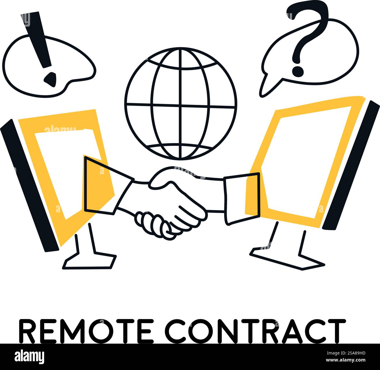 Illustration depicting two people shaking hands through computer ...