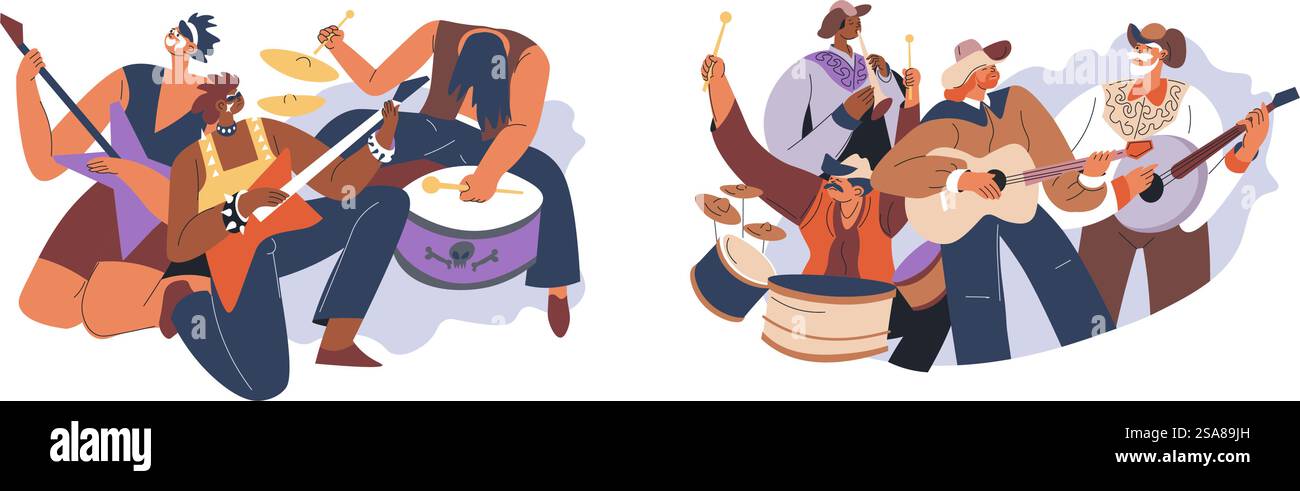 Illustration of musicians energetically playing rock instruments in a ...