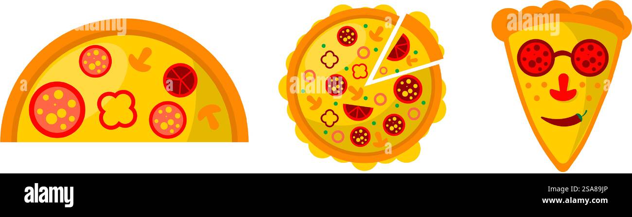 Vector illustration of three different pizza designs, including a slice ...