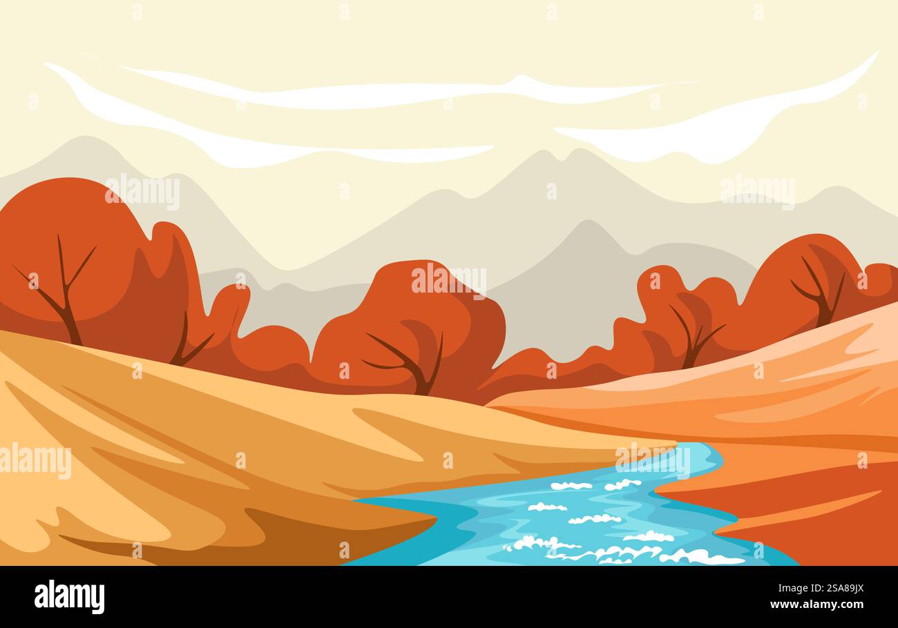 Illustration of a scenic mountain river valley with snow-capped peaks and a flowing river ...