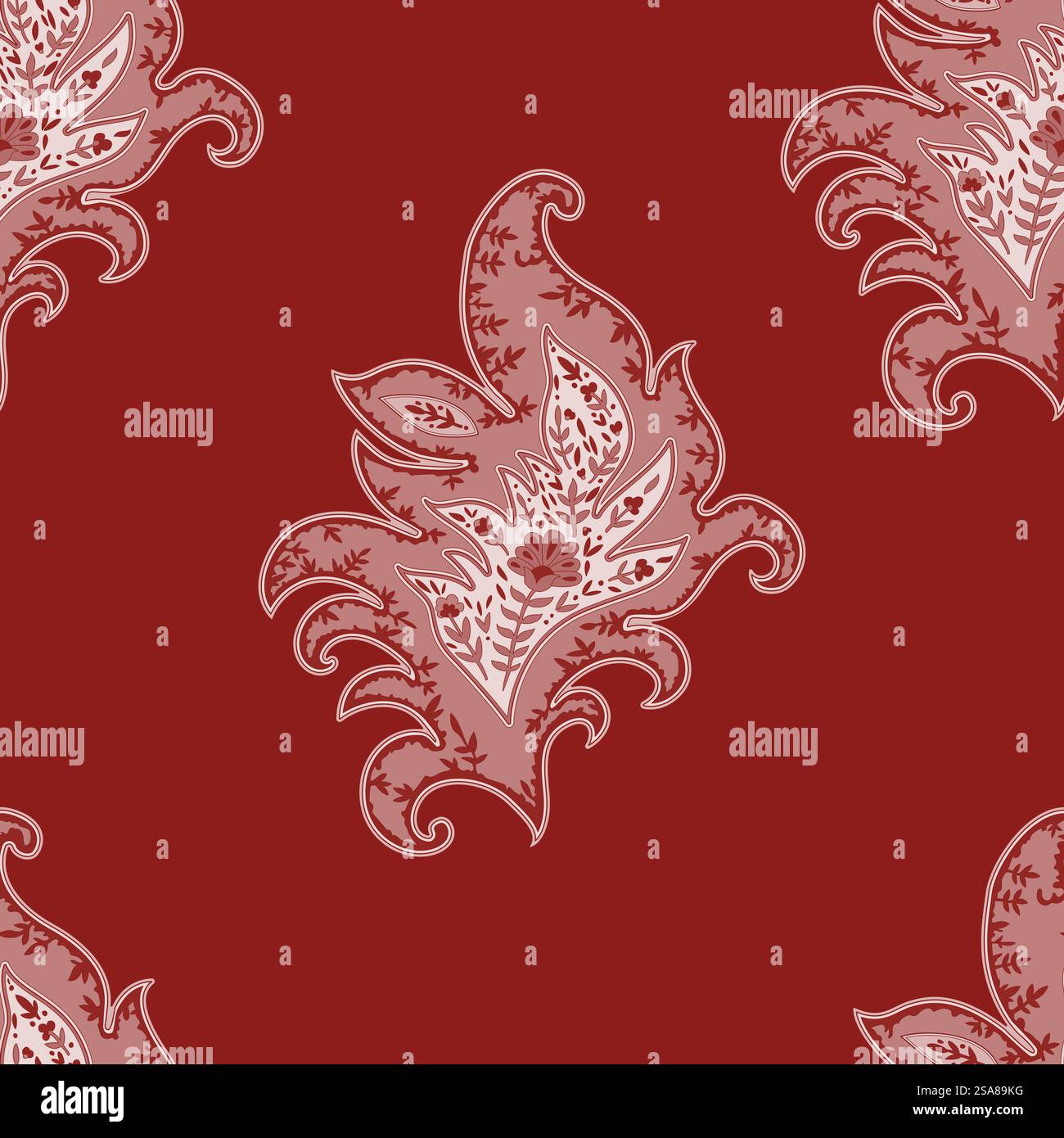 Detailed red paisley design with elaborate floral elements, seamlessly ...