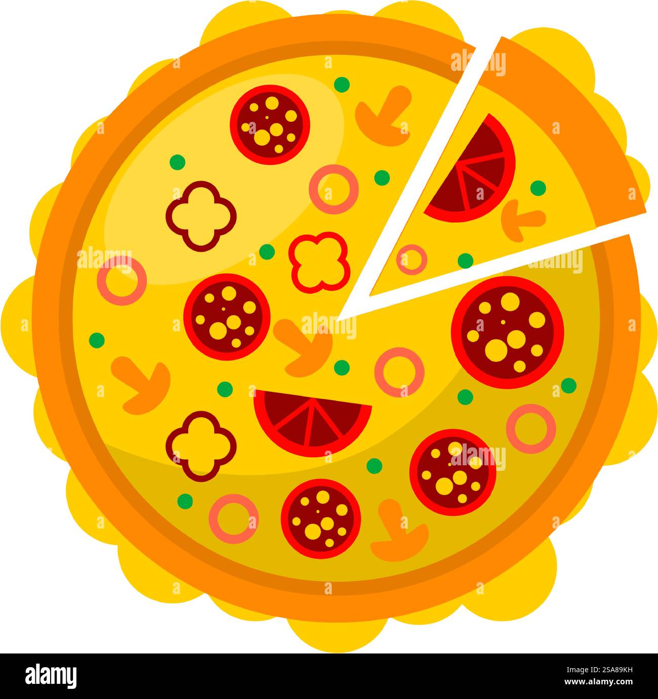 Vector illustration of a whole pizza with one slice cut out, featuring ...