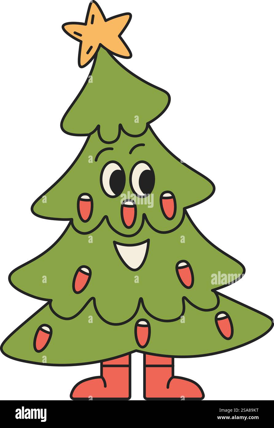 Christmas tree with a star topper and decorations in a playful, cartoon ...