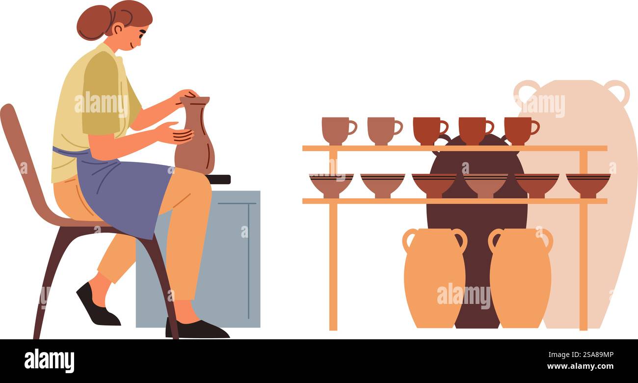 Vector illustration of a potter crafting a vase on a pottery wheel in a ...