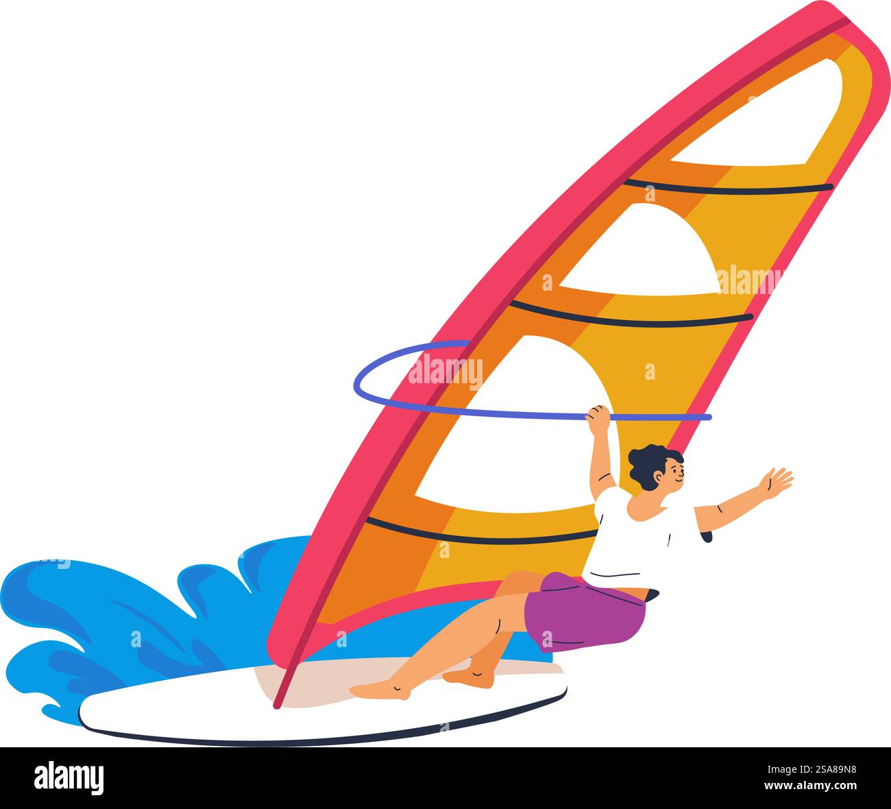 Vector illustration of a person windsurfing on ocean waves, balancing ...