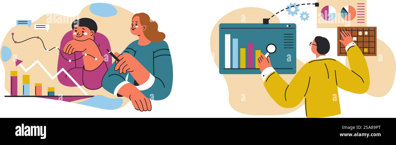 Flat style vector of people discussing business processes with ...