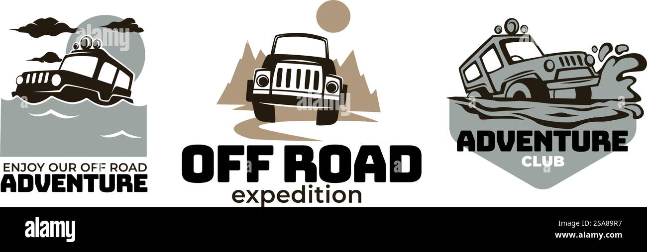 Off road adventure club emblems with vehicles in a vintage style ...