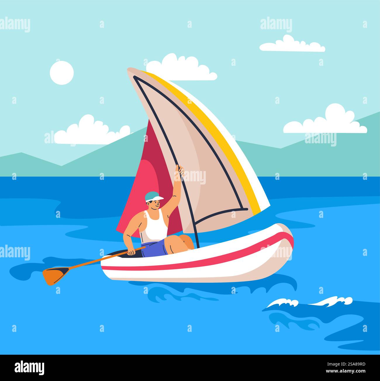 Vector illustration of a sailor navigating a small boat on the sea with ...