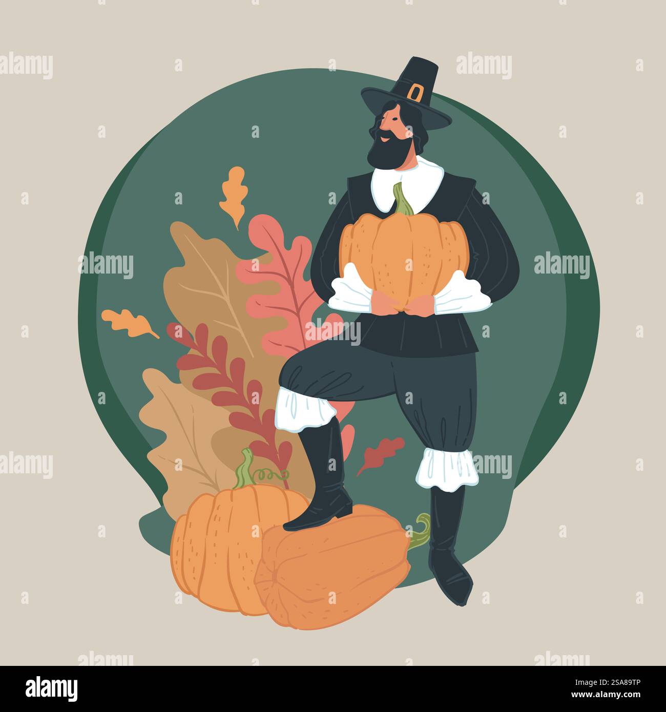 A vector illustration of a Thanksgiving pilgrim holding a pumpkin ...