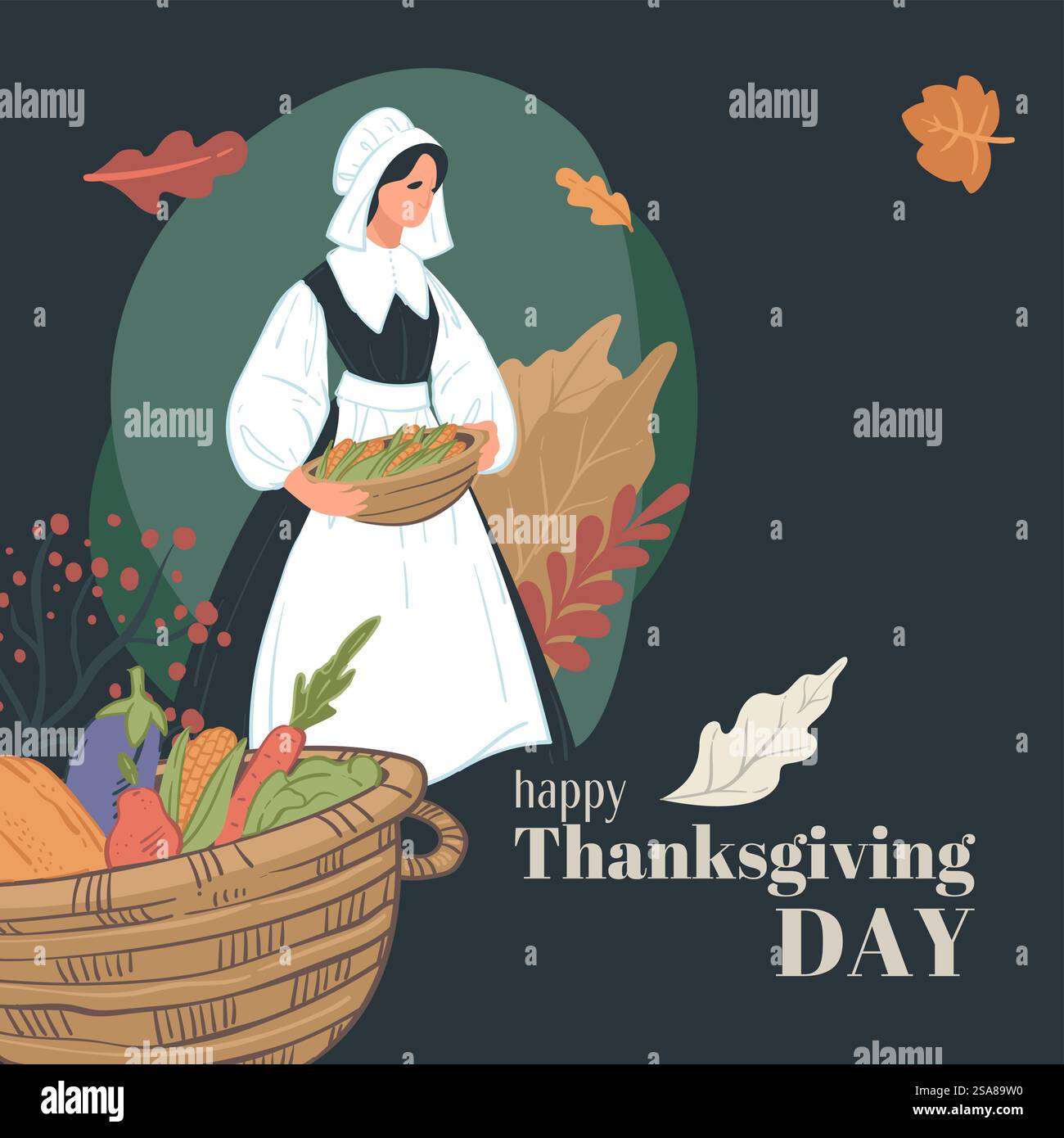 A vector illustration of a Thanksgiving pilgrim woman holding a harvest ...