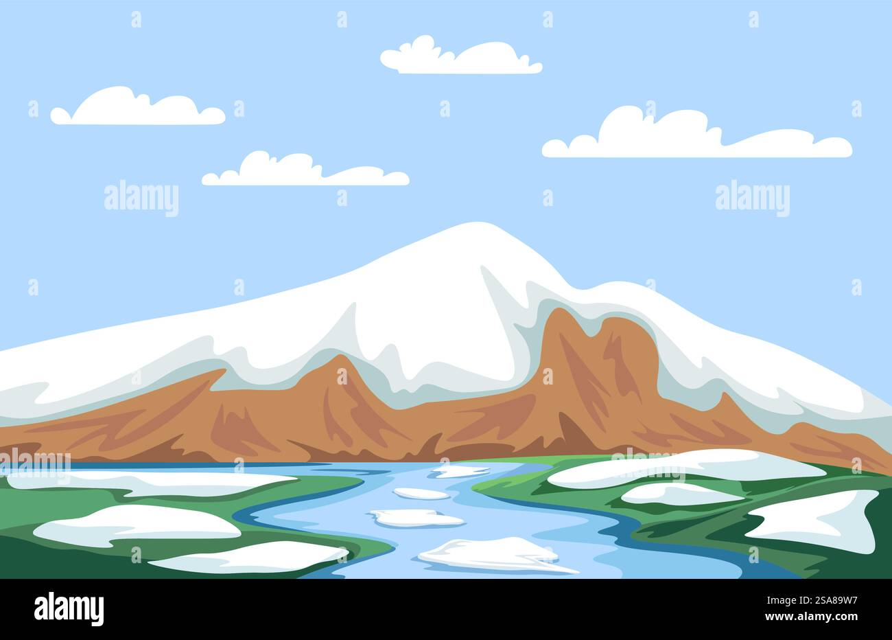 A tranquil vector illustration of a mountain with snow caps, a river ...