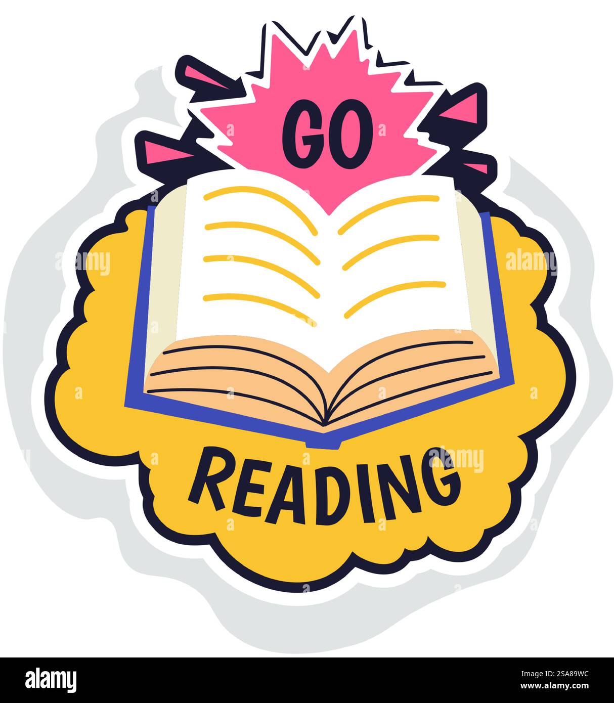 Vector illustration of an open book with Go Reading" text in a cartoon ...