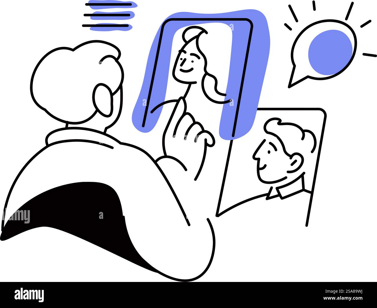 Group having an online video conference discussion in a modern, flat ...