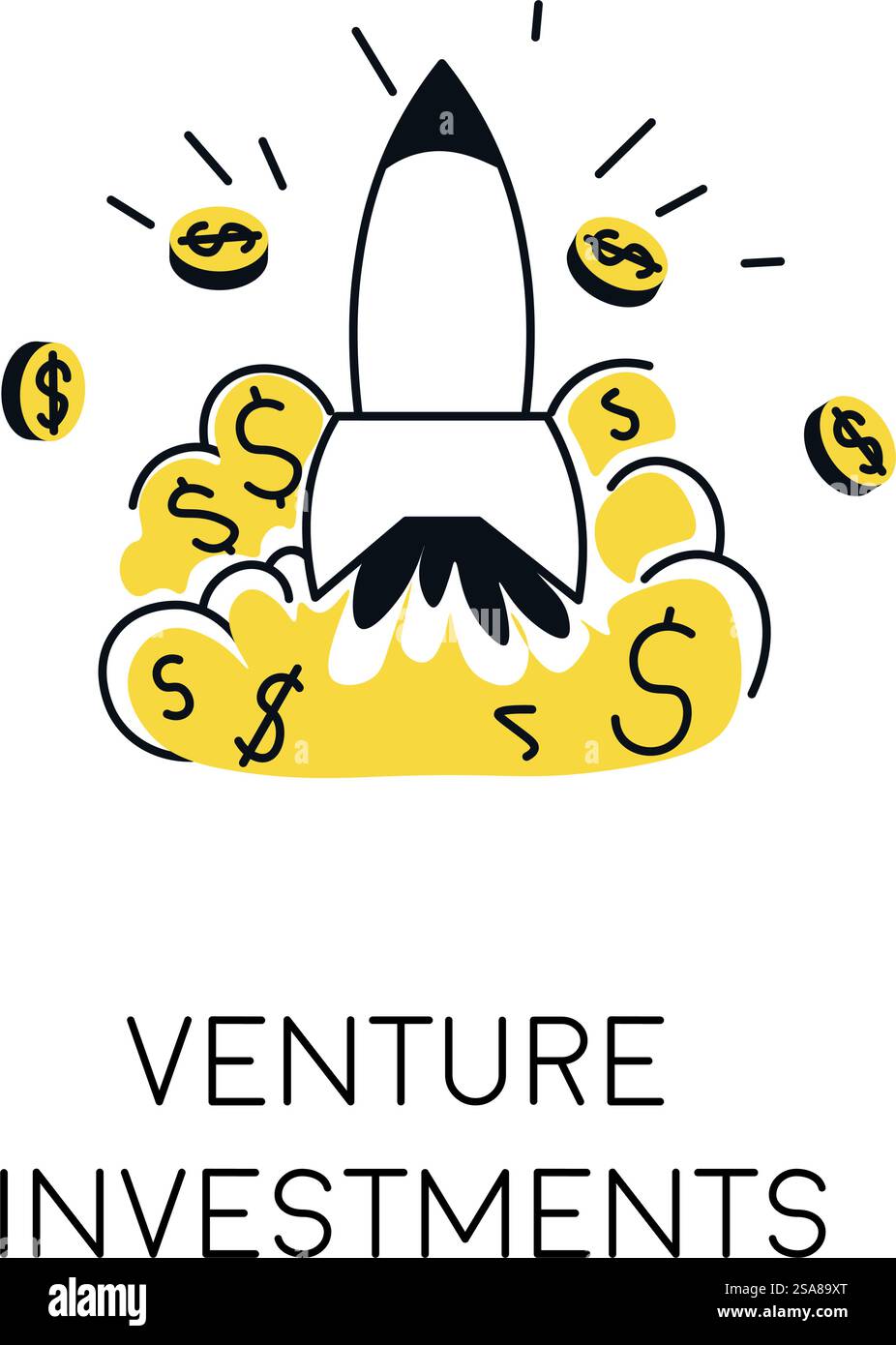 Rocket and coins representing venture investments concept, vector ...