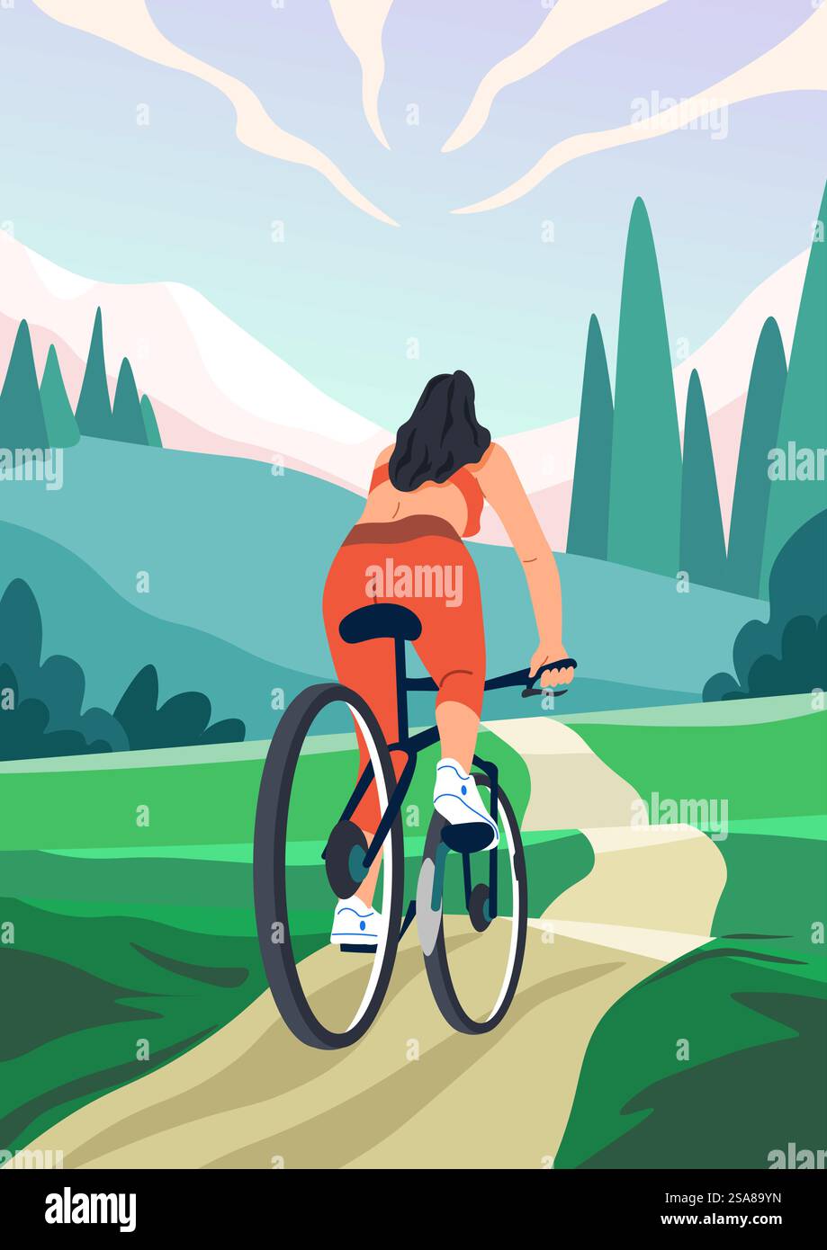 Vector illustration of a road cyclist riding through a forest in a flat ...