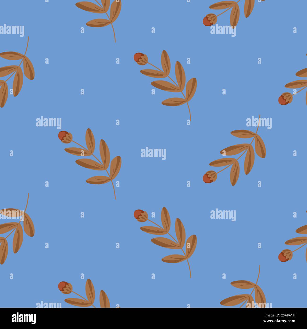 Vector seamless pattern featuring leaves and branches on a blue background. Ideal for natural ...