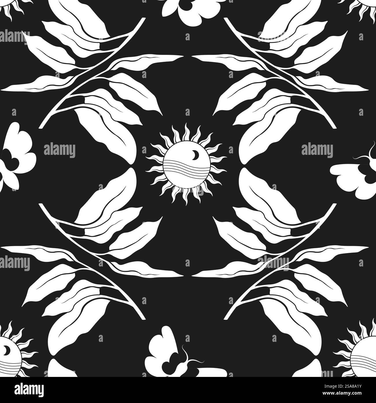 Large-scale seamless pattern featuring leaves, butterflies, and suns on ...