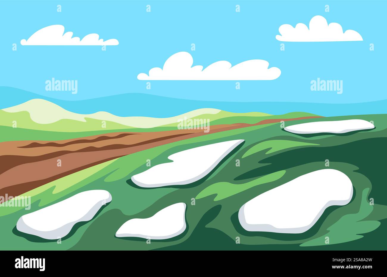 A vector illustration of rolling hills and fields under a bright blue ...