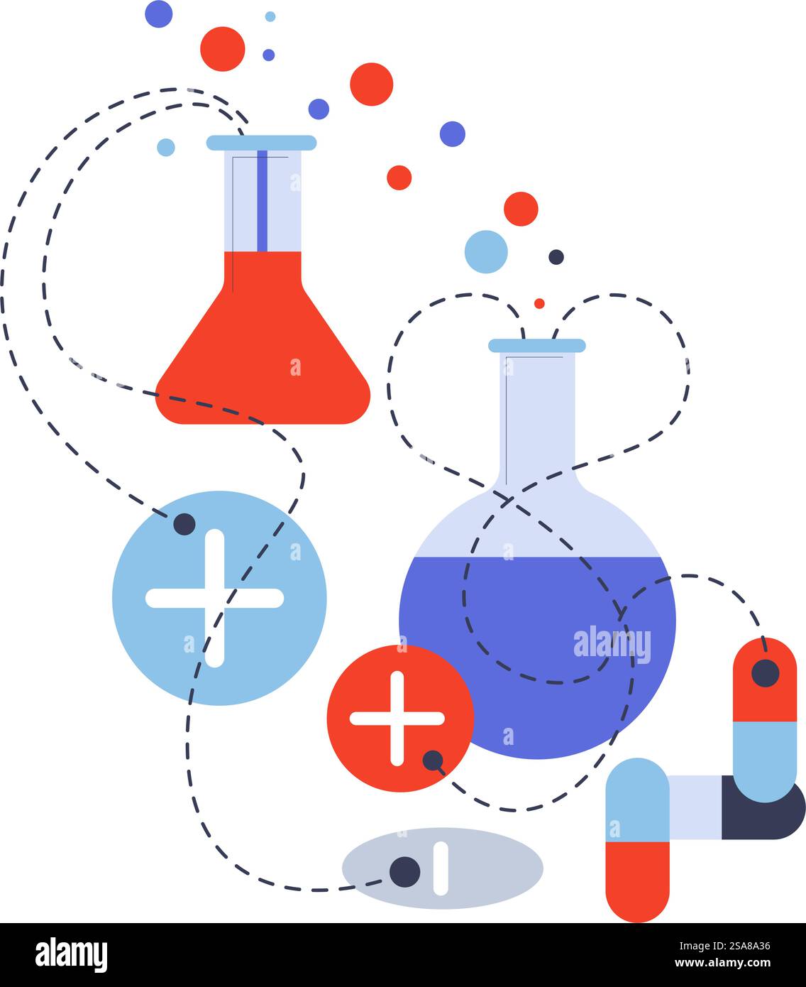 Vector illustration of two chemical flasks with floating pills and ...