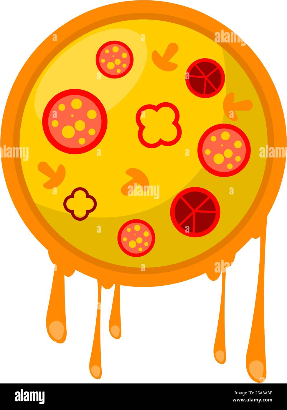 Vector illustration of a round cheese pizza with various toppings and ...