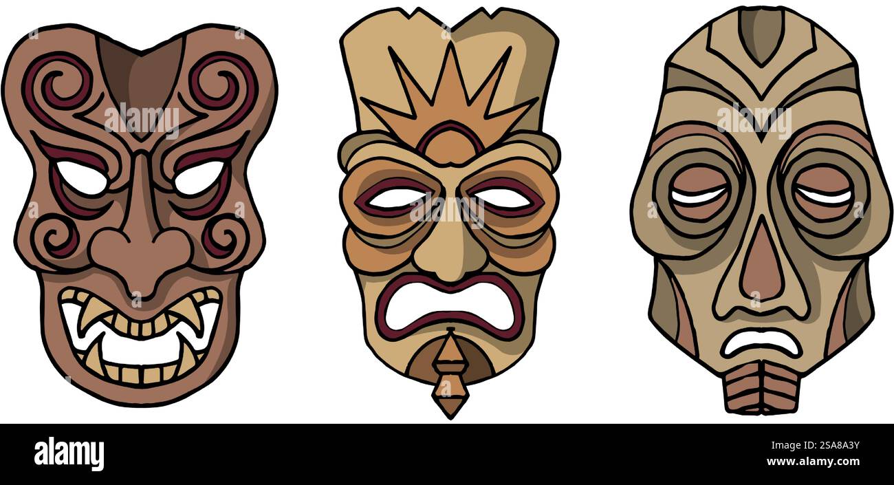 Vector illustration of three tribal masks with detailed patterns and ...