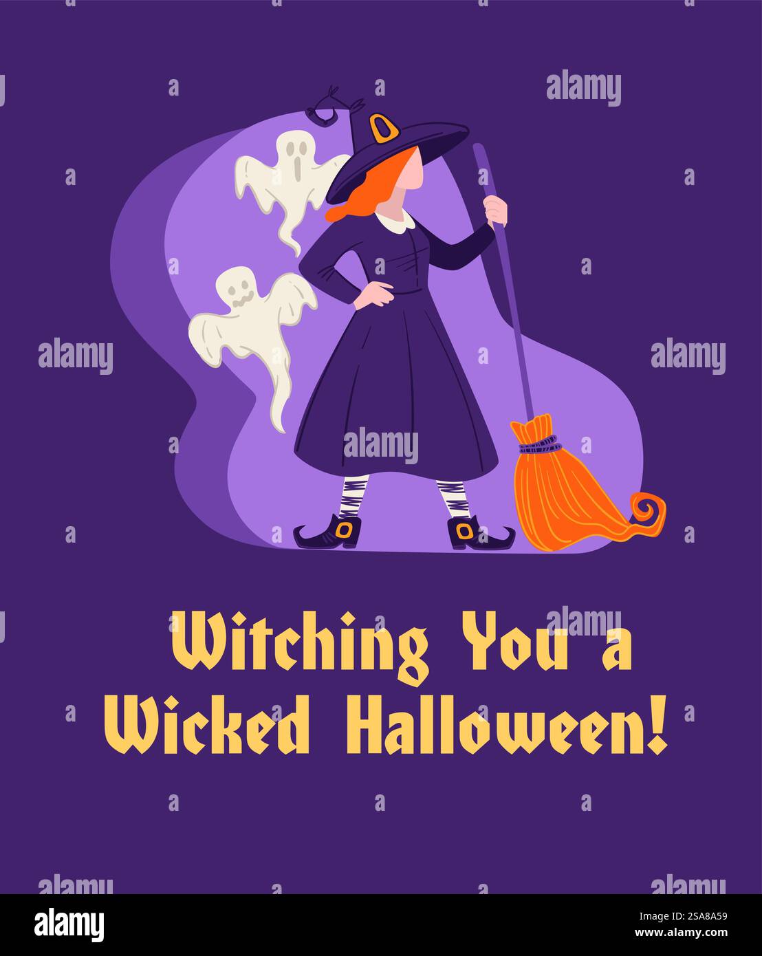 Vector illustration of a witch with a broom and flying ghosts ...